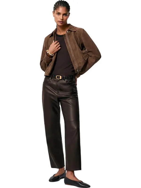 REISS Petite Leather Slim-leg Trousers - Chocolate