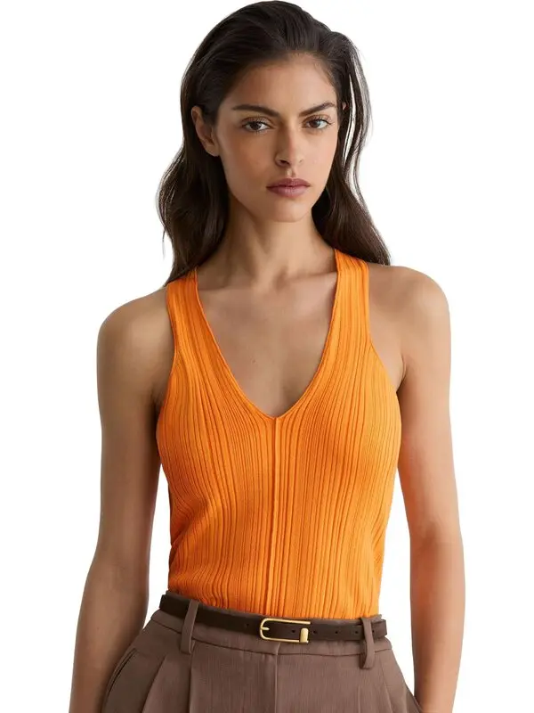 REISS Pleated Knit V-neck Vest - Orange