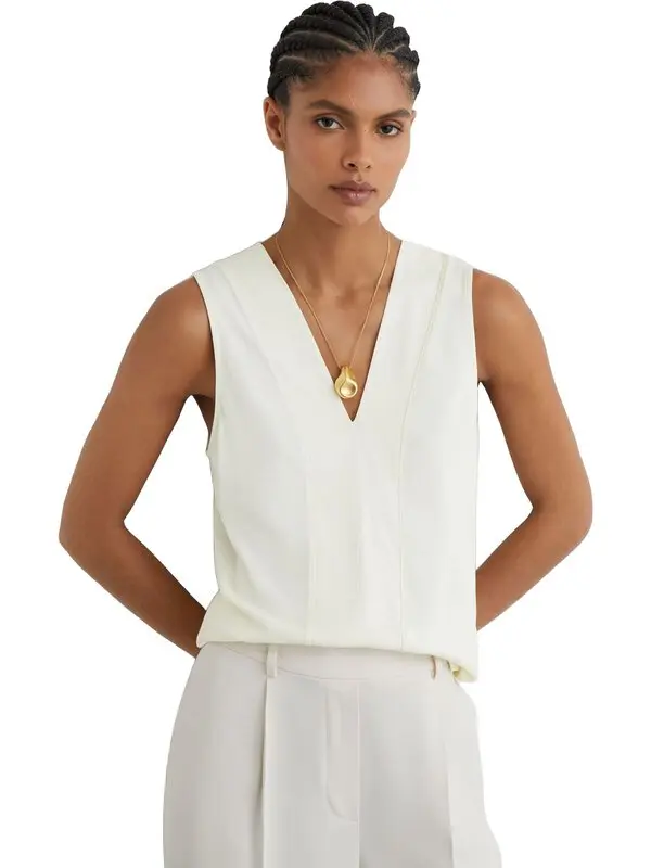 REISS V-neck Sleeveless Shell Top With Panelled Detail - Cream