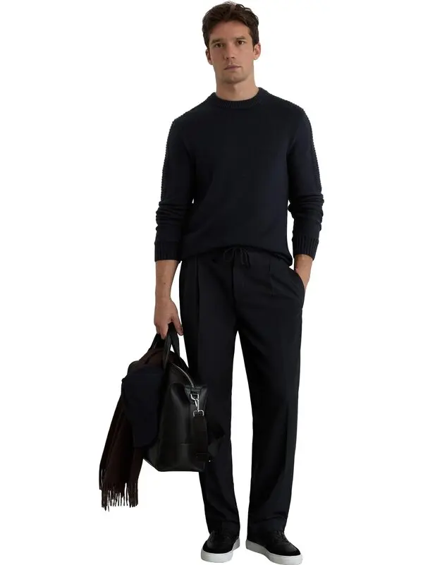 REISS Wool-blend Rib-detail Crew-neck Jumper - Navy