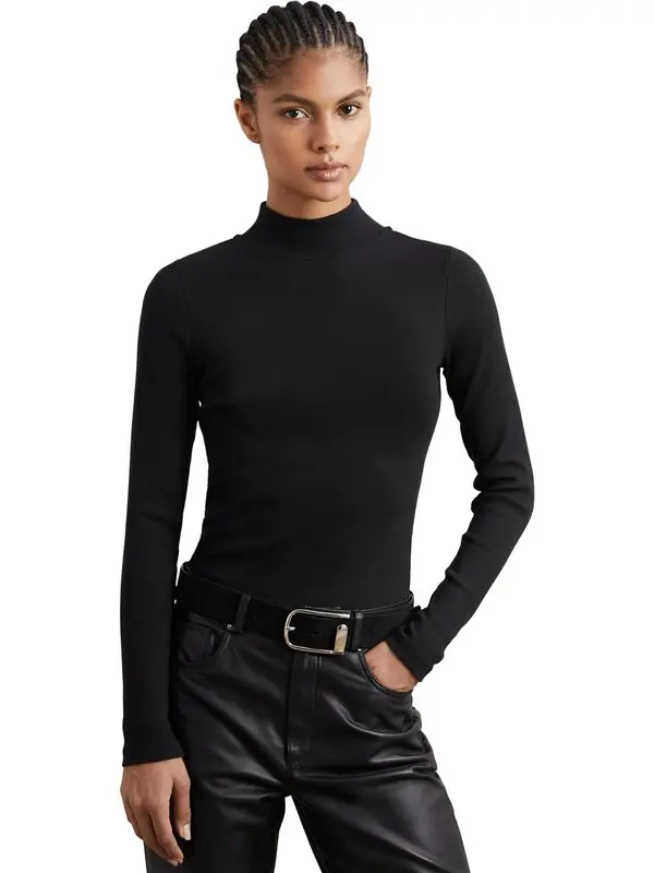REISS Stretch-cotton Funnel-neck Top - Black