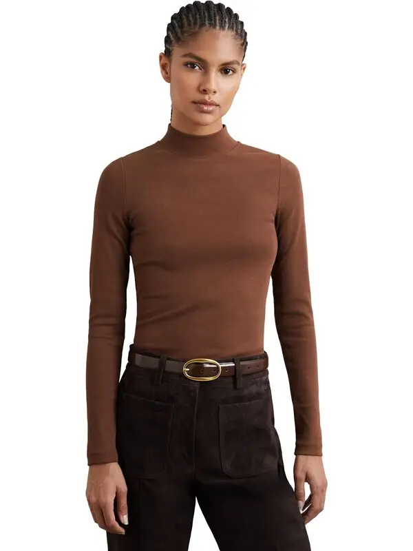 REISS Stretch-cotton Funnel-neck Top - Brown