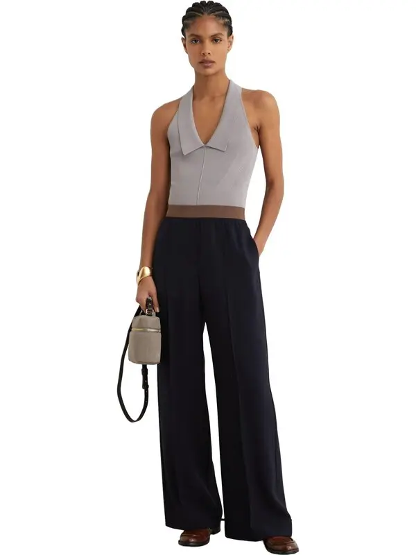 REISS Wilde Wide-leg Elasticated-waist Trousers - Navy