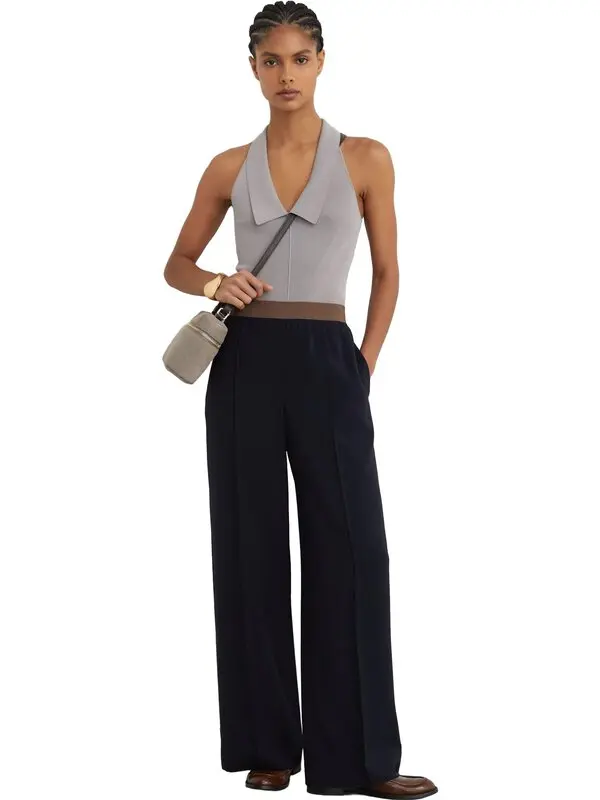 REISS Wilde Wide-leg Elasticated-waist Trousers - Navy
