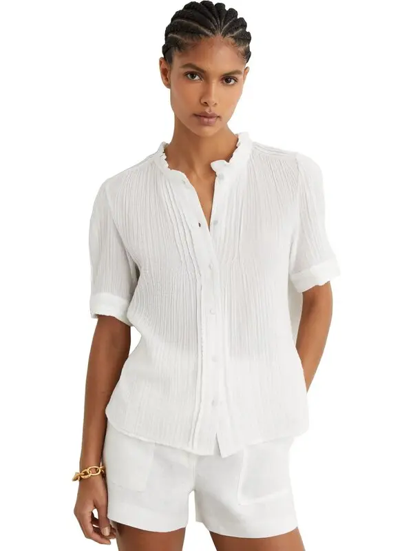 REISS Cotton Cheesecloth Pleated Top With Frilled Neckline And Puff Sleeves - Ivory