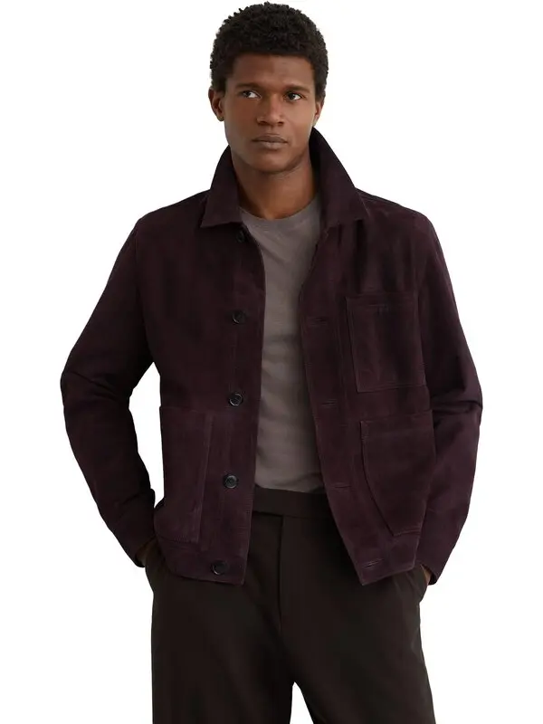 REISS Suede Button-through Trucker Jacket - Bordeaux