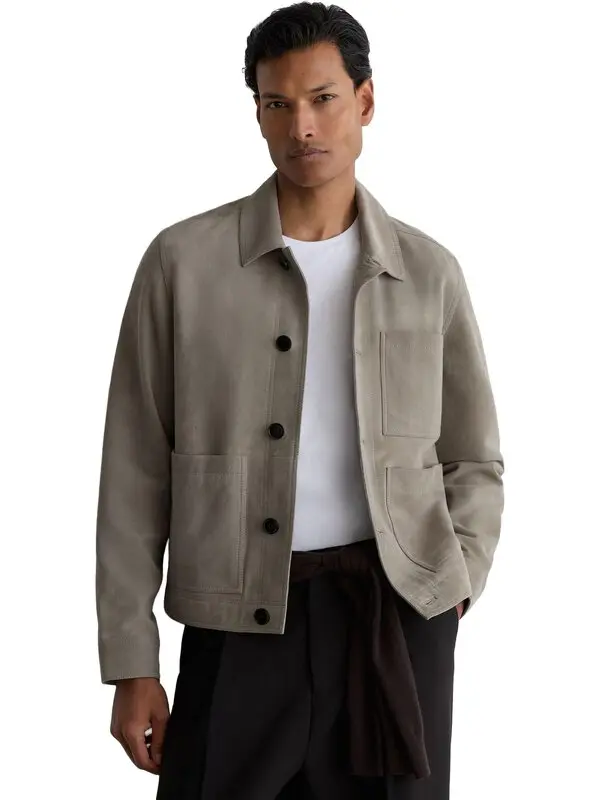 REISS Suede Button-through Trucker Jacket - Grey