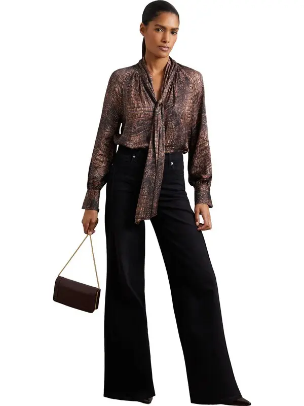 REISS Crocodile-print Tie-neck Blouse - Brown