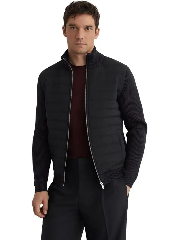REISS Quilted Rib-knit Funnel-neck Jacket - Navy