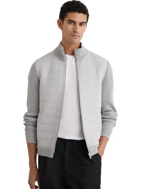 REISS Quilted Rib-knit Funnel-neck Jacket - Soft Grey