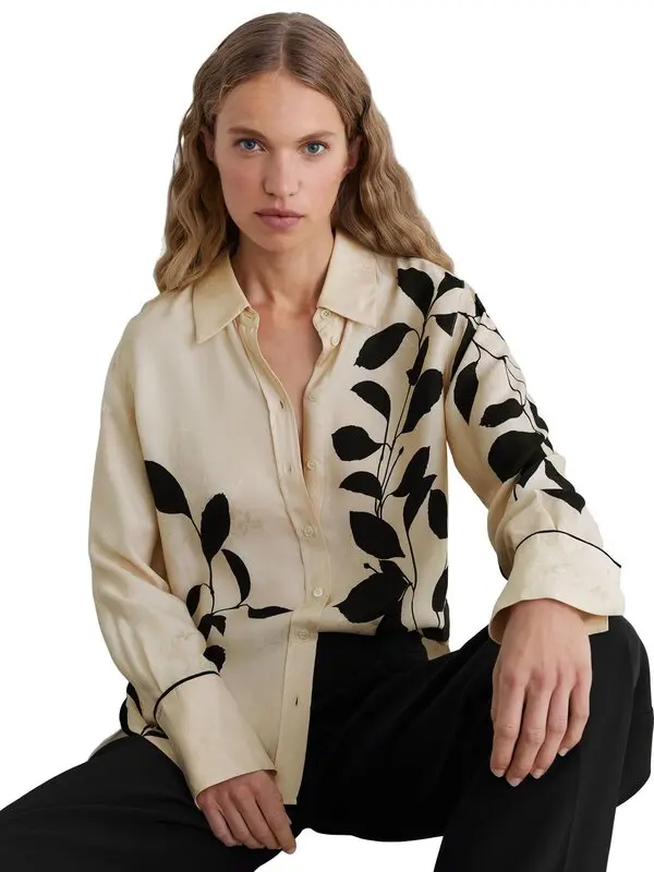 REISS Leaf-print Jacquard Long-sleeve Shirt - Ivory/black