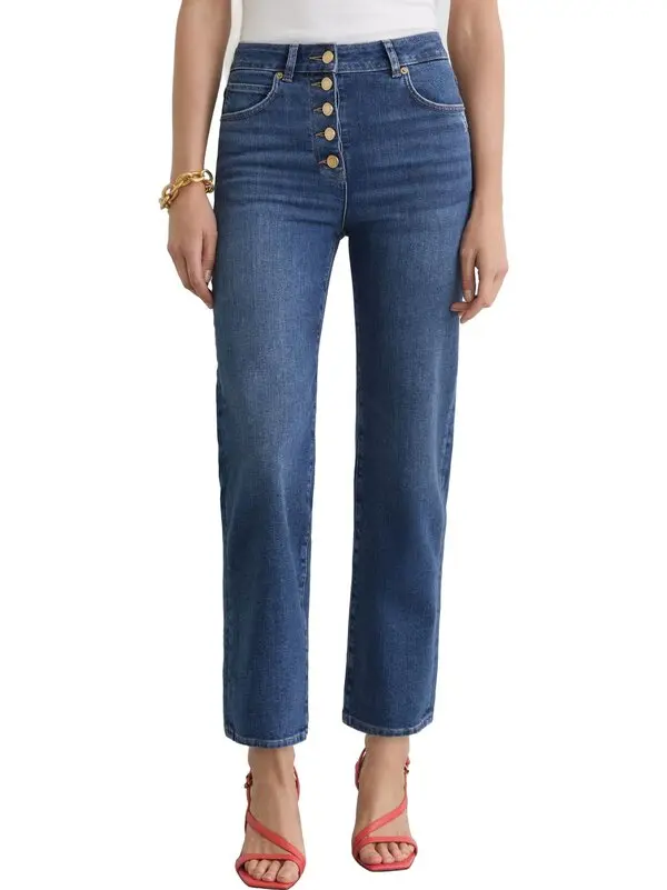 REISS Lana Straight-leg Cropped Jeans With Button Detail - Mid Blue