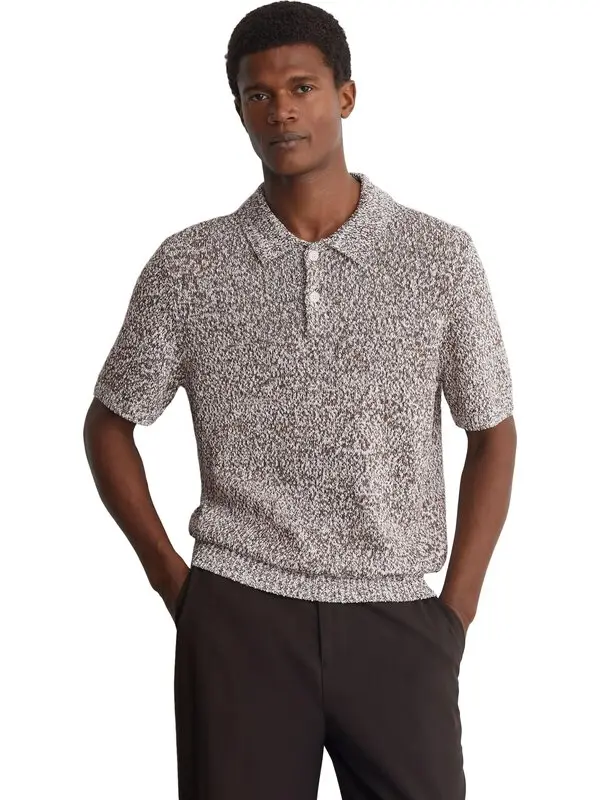 REISS Bordeaux & Ecru Cotton-blend Half-button Marled Polo - White/camel