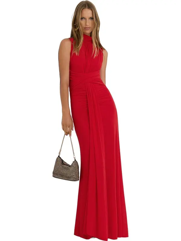REISS Sheer Ruched Sleeveless Maxi Dress - Red