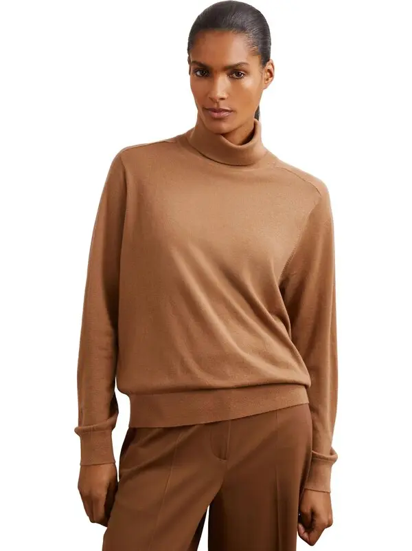 REISS Wool Roll Neck Jumper - Camel