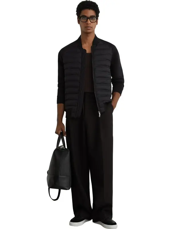 REISS Quilted Hybrid Bomber Jacket - Black