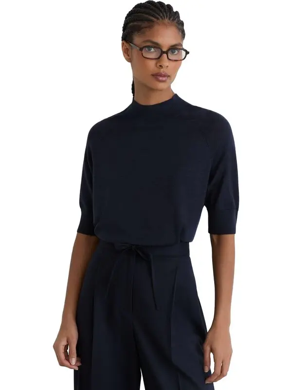 REISS Merino Wool Funnel-neck Top - Navy