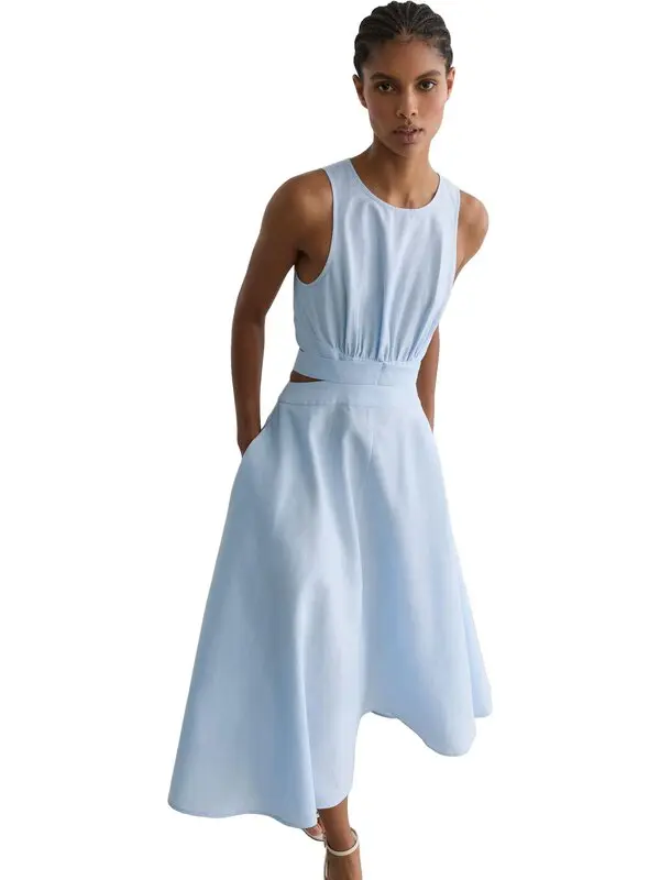 REISS Linen-cotton Cut-out Midi Dress - Blue