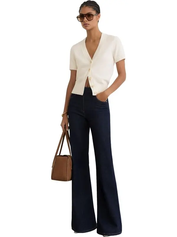 REISS V-neck Short-sleeve Cardigan In Cotton-wool - Ivory