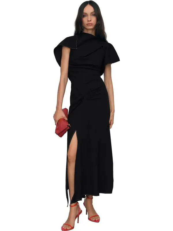 REISS Asymmetric Draped Midi Dress - Black