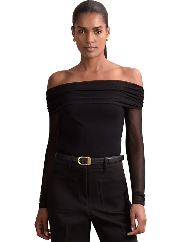 REISS Sheer Mesh Bardot Top - Black