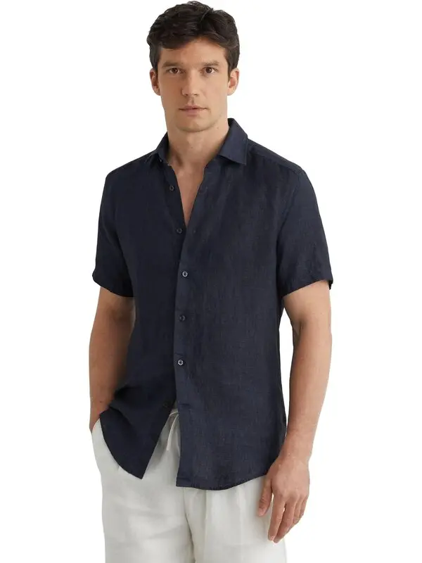 REISS Slim Fit Linen Button-through Shirt - Navy