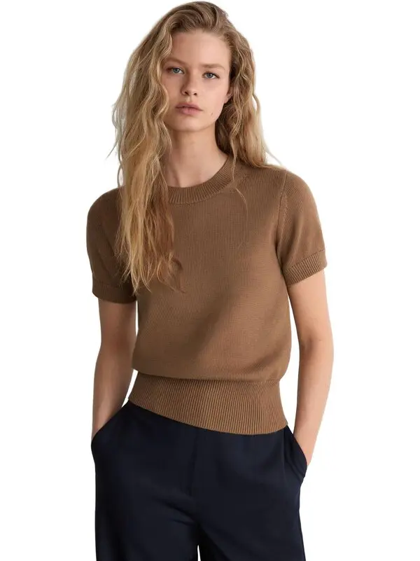 REISS Cotton And Wool Short-sleeve Knit Top - Brown