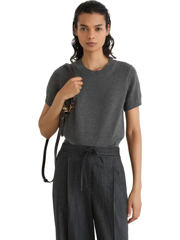 REISS Cotton And Wool Short-sleeve Knit Top - Grey