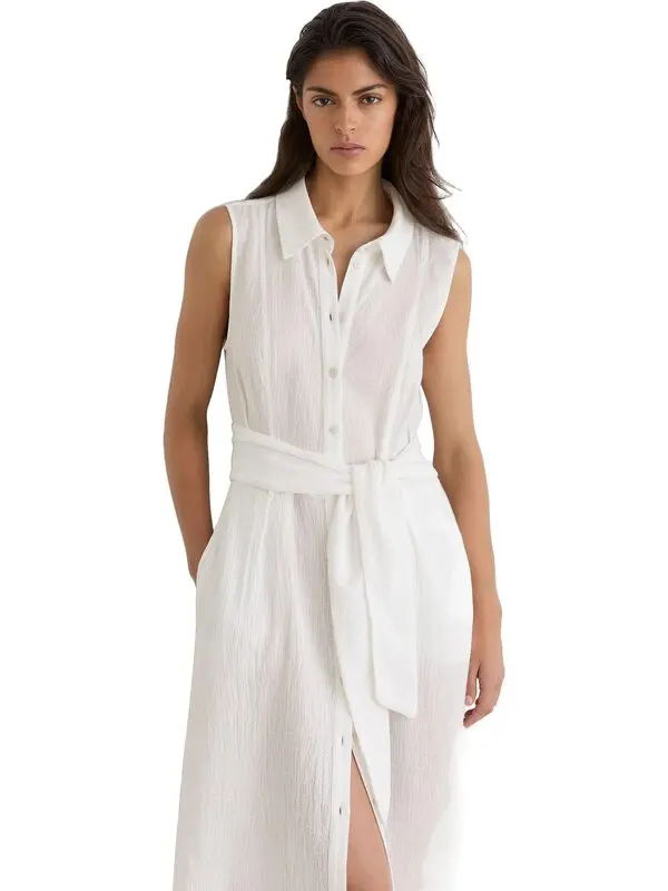 REISS Cotton Cheesecloth Belted Shirt Dress - Ivory
