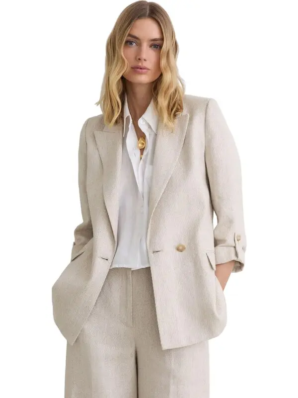REISS Linen-blend Textured Double-breasted Blazer - Neutral