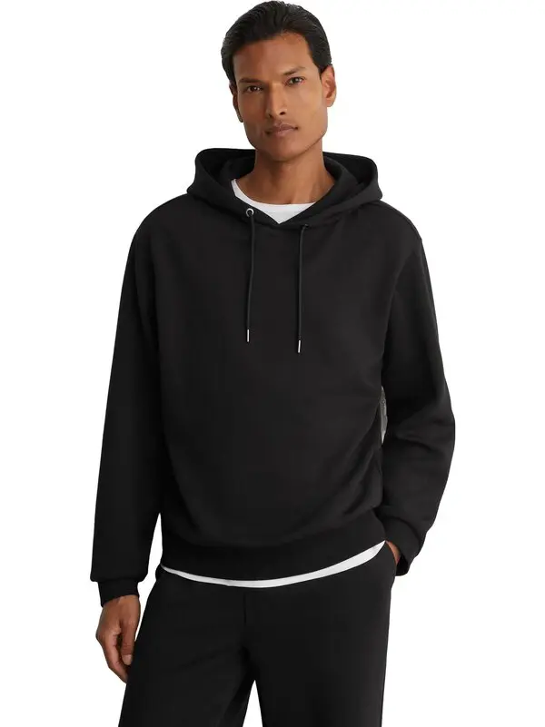 REISS Sueded Interlock Jersey Relaxed-fit Hoodie - Black
