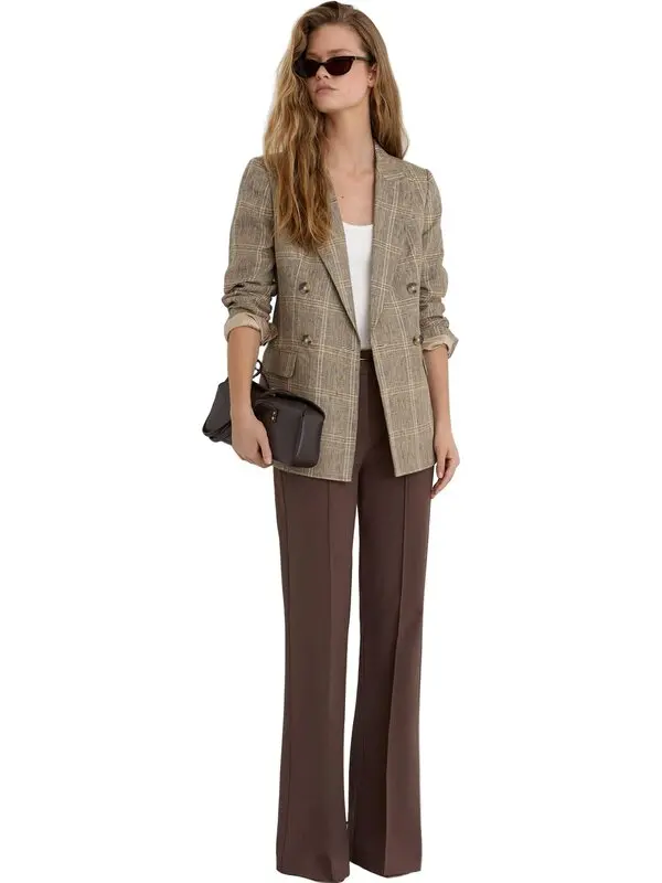 REISS Linen Double-breasted Blazer - Neutral Check