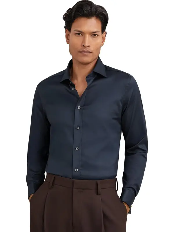 REISS Regular Fit Stretch Double-cuff Shirt Cotton-blend - Navy