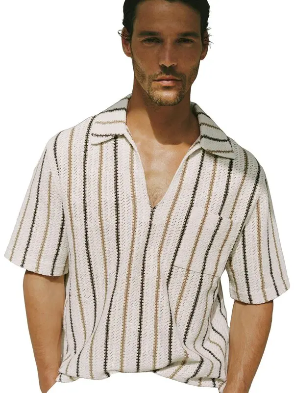 REISS Crochet Stripe Overhead Shirt - Ecru