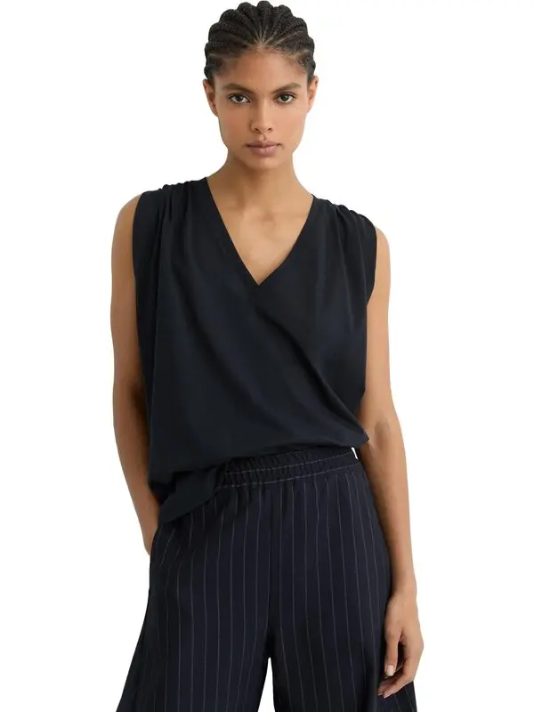 REISS Cotton Gathered-detail V-neck Vest - Navy