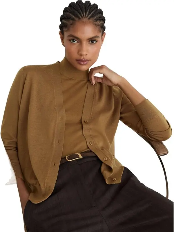 REISS Merino Wool V-neck Cardigan - Camel