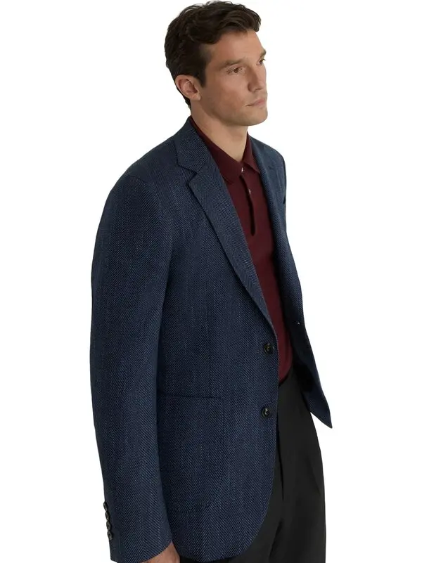 REISS Single-breasted Herringbone Blazer Tailored-fit With Cotton - Navy