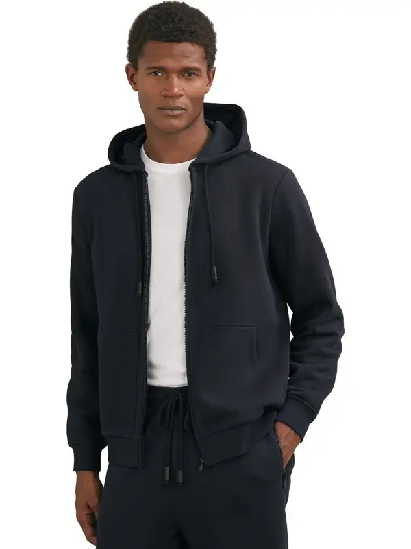 REISS Cotton-blend Zip-through Hoodie - Navy
