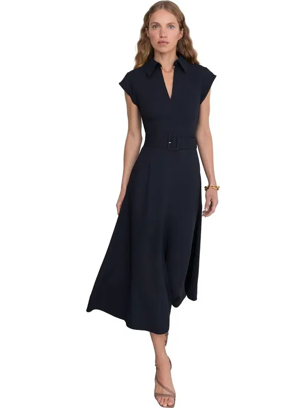 REISS Collared Belted Midi Dress - Navy