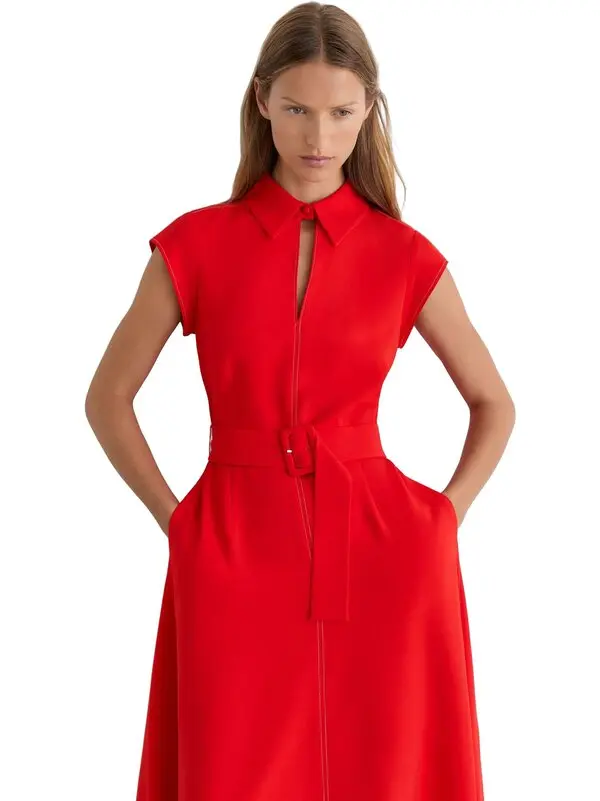 REISS Collared Belted Midi Dress - Red