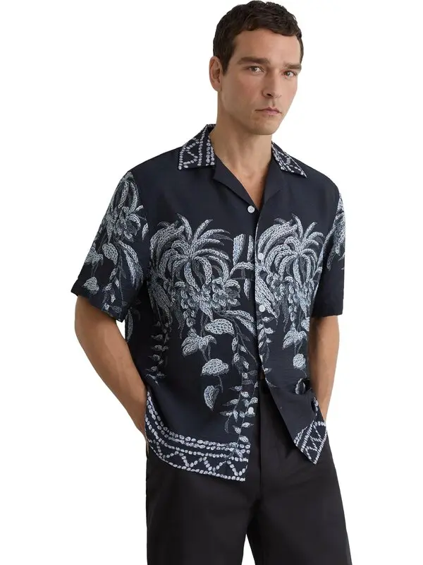 REISS Palm-print Cuban-collar Shirt - Navy
