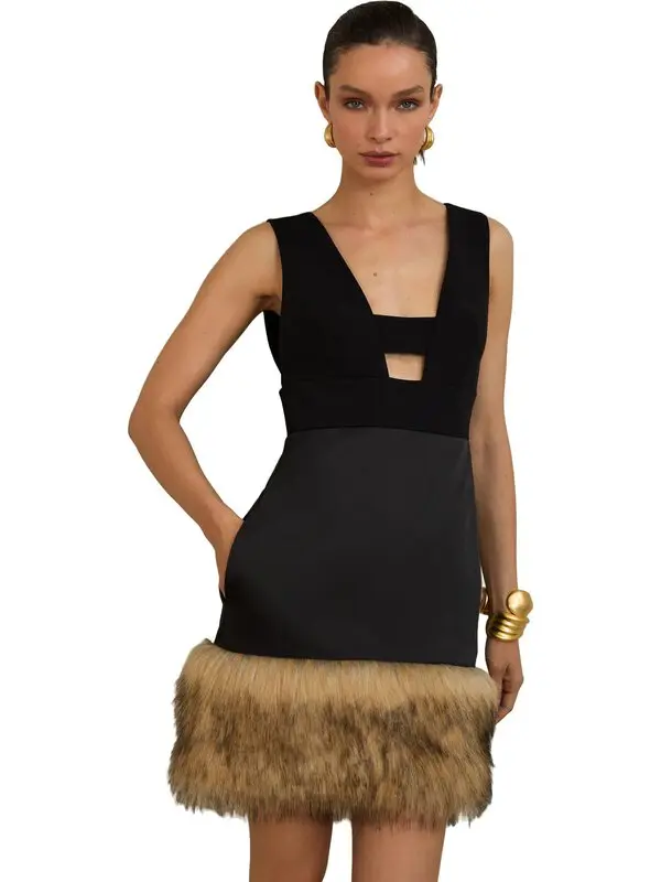 REISS Atelier Satin Faux-fur Trim Mini Dress - Black/brown