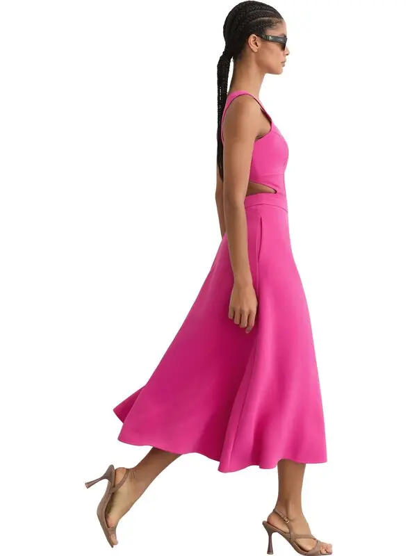 REISS Waisted Cut-out Twill Midi Dress - Raspberry Pink