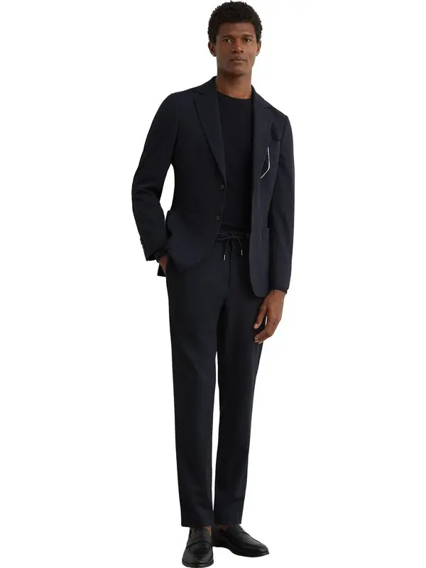 REISS Tailored Fit Textured Jersey Drawstring Suit Trousers - Navy