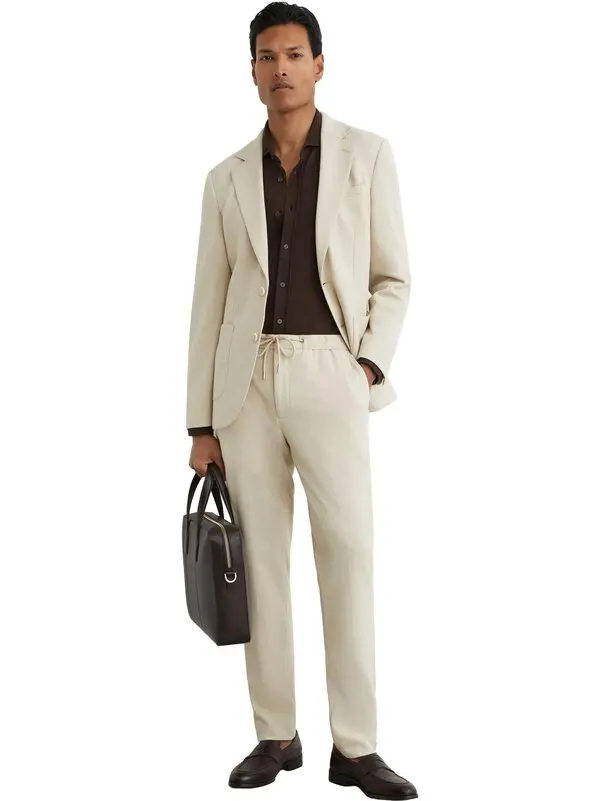 REISS Tailored Fit Textured Jersey Drawstring Suit Trousers - Stone