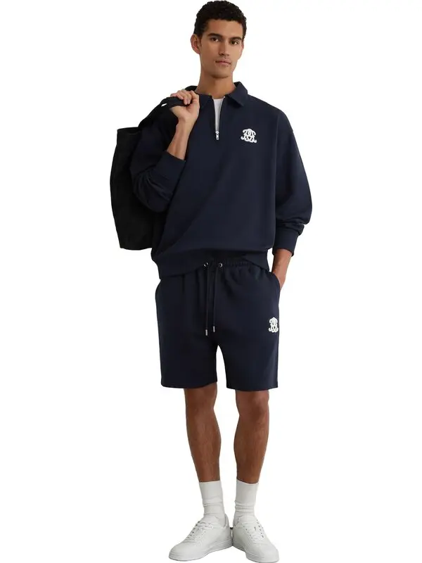 REISS Monogram Embroidered Cotton Shorts - Navy