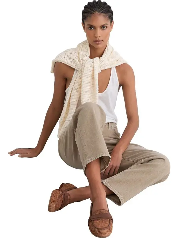 REISS Raffia And Leather Trim Loafers - Tan