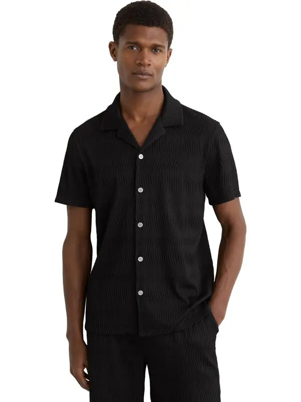 REISS Textured-wave Cuban-collar Shirt - Black