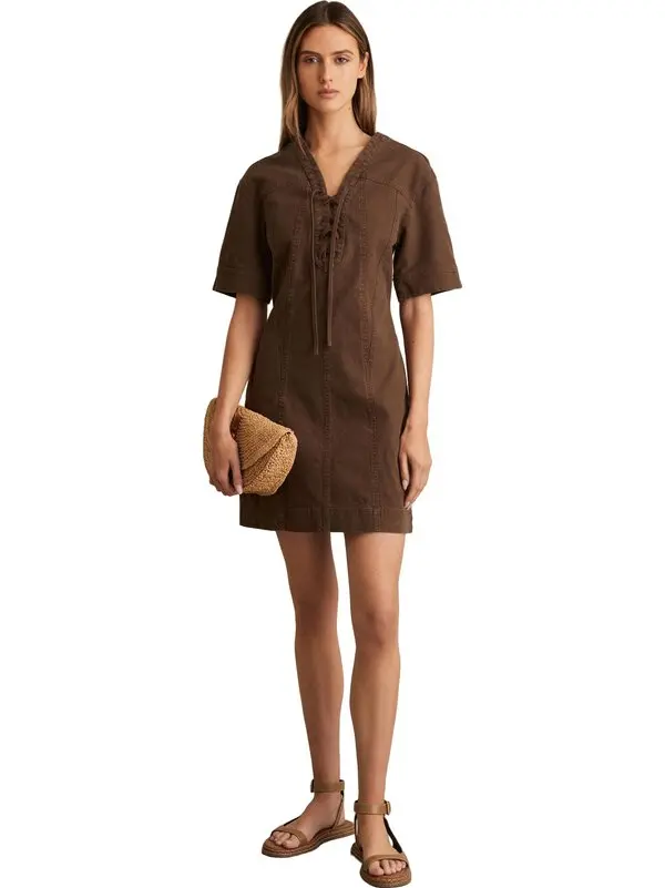 REISS Cotton Lace Up Denim Shirt Dress - Brown