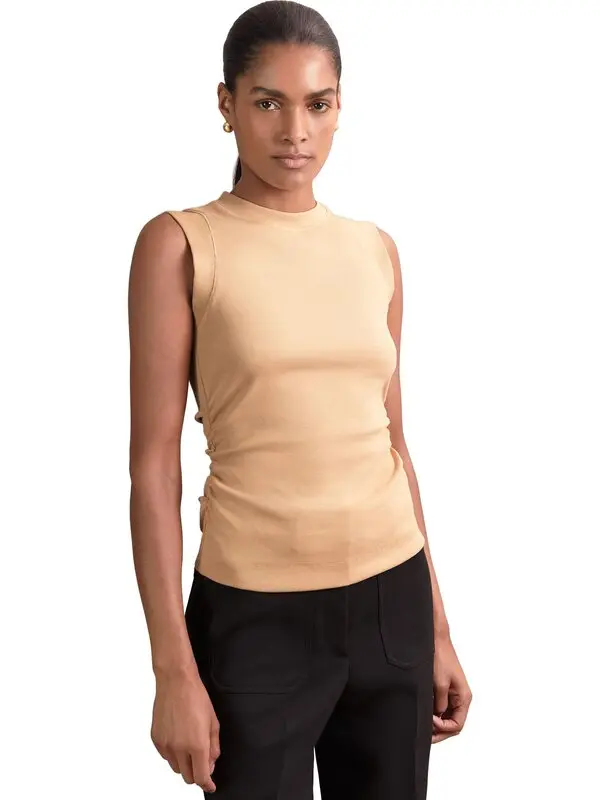 REISS Fine-rib Ruched Vest Top - Camel